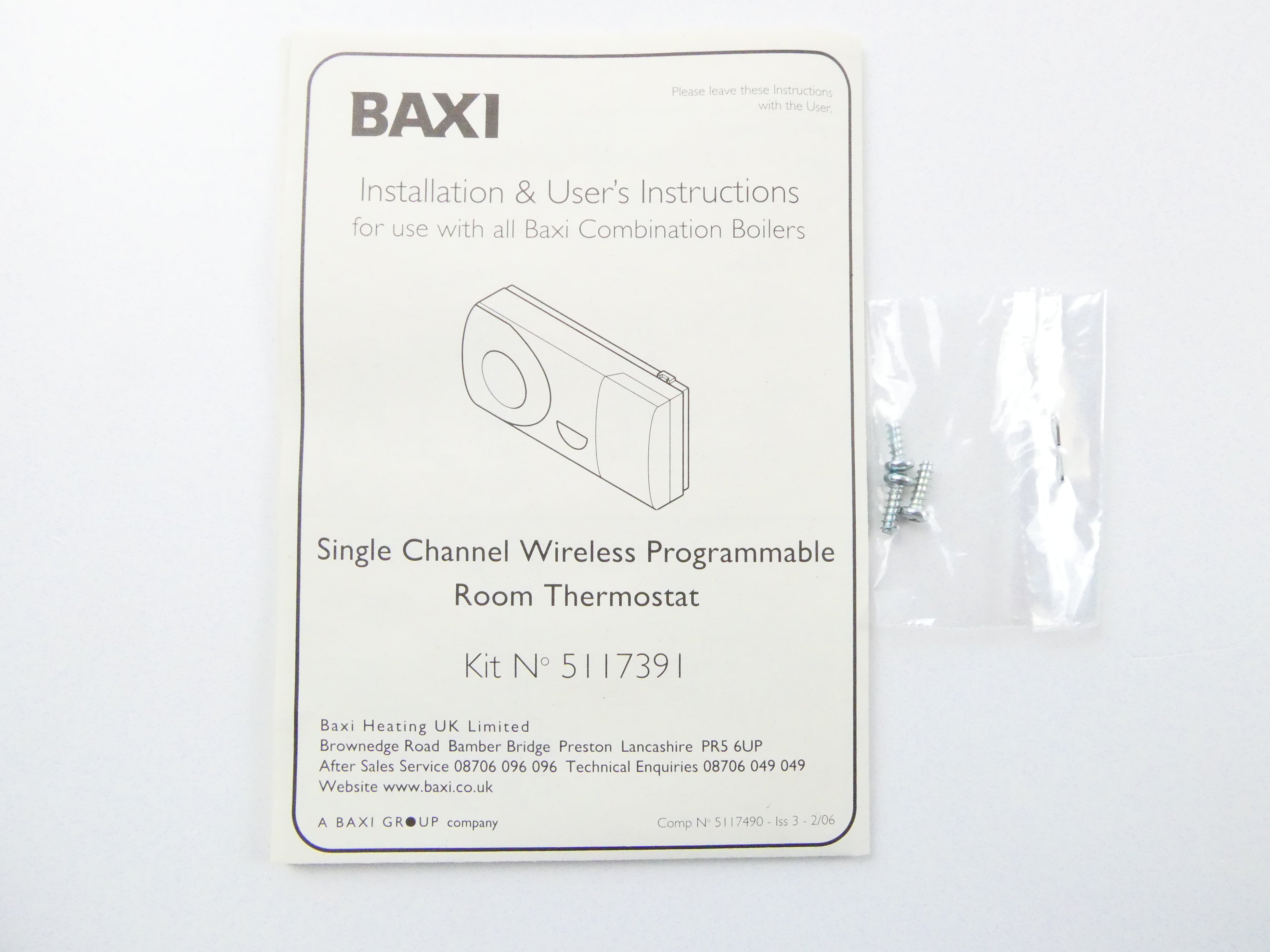 BAXI 5117391 SINGLE CHANNEL WIRELESS PROGRAMMABLE ROOM THERMOSTAT – SZ ...